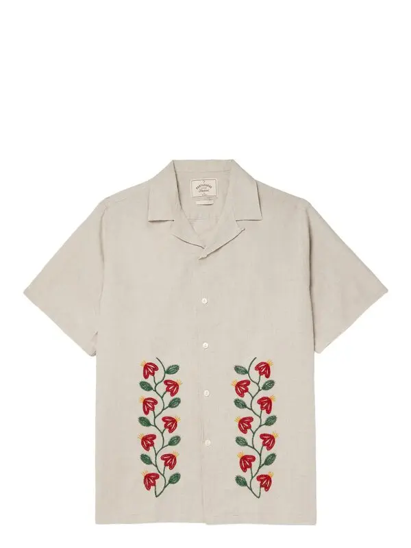 Portuguese Flannel Branch Convertible-collar Embroidered Linen And Cotton-blend Shirt - Neutrals