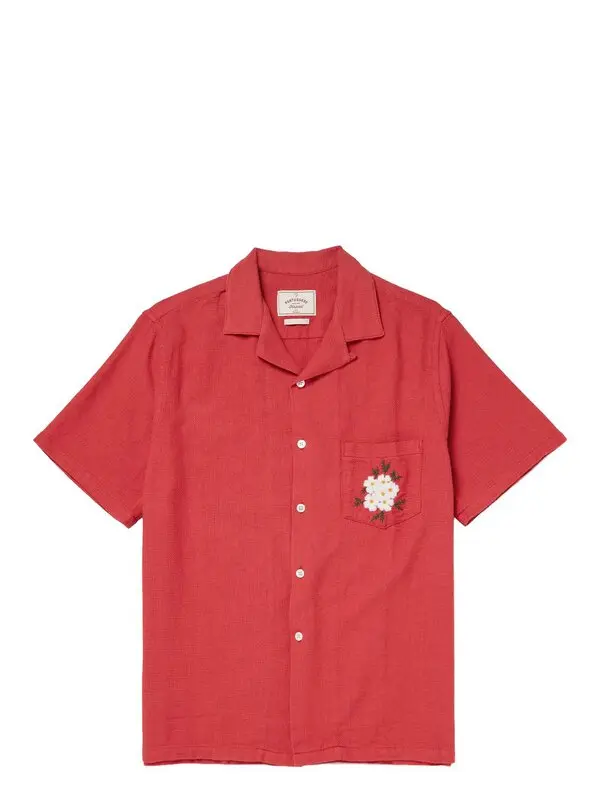 Portuguese Flannel Convertible-collar Embroidered Cotton Shirt - Red