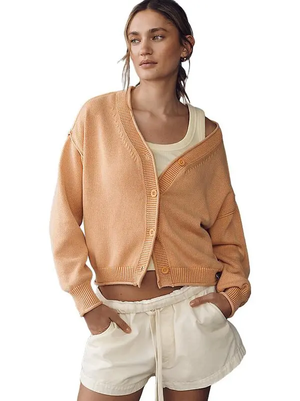 PILCRO Long Sleeve Cotton V-neck Cardigan Sweater - Orange