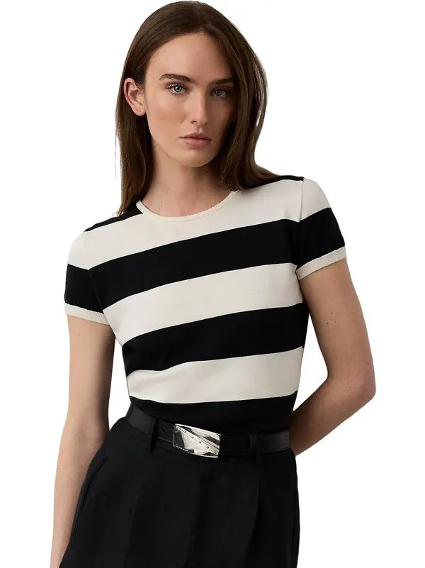Ralph Lauren Striped Cotton-silk Short-sleeve Sweater - Lux Cream/black