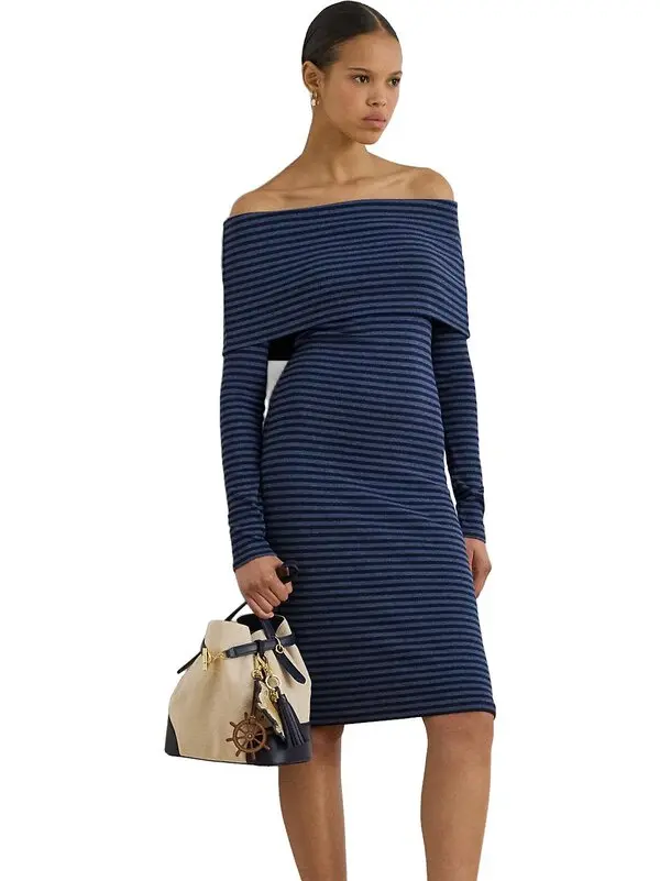 Ralph Lauren Striped Ribbed Off-the-shoulder Dress - Indigo Dusk Heather/navy