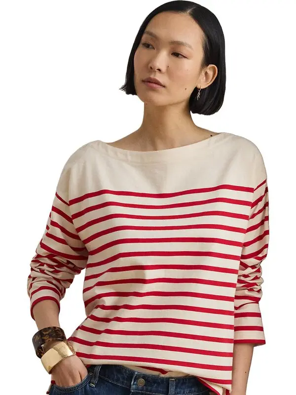 Ralph Lauren Striped Jersey Boatneck Top - Mascarpone Cream/red