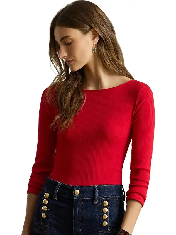Ralph Lauren Rib-knit Cotton-blend Boatneck Tee - Cruise Red