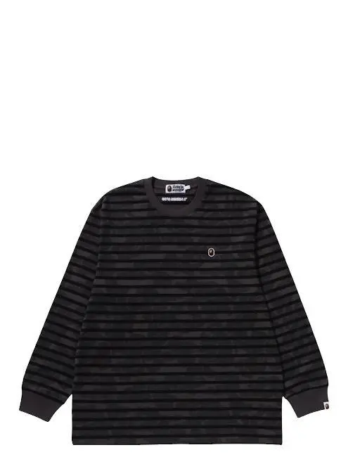 A BATHING APE Solid Camo One Point Relaxed Fit Stripe Long Sleeve Tee Shirt - Black