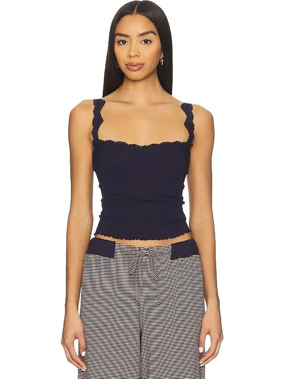Free People X Intimately Ribbed Lace Trim Cami - Navy