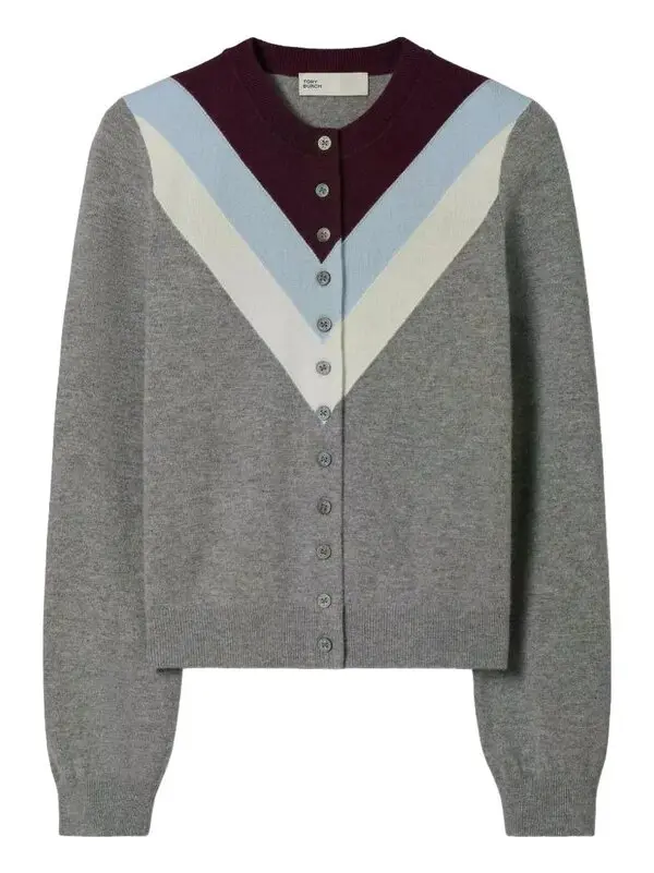 Tory Burch Chevron Wool Cardigan - Grey