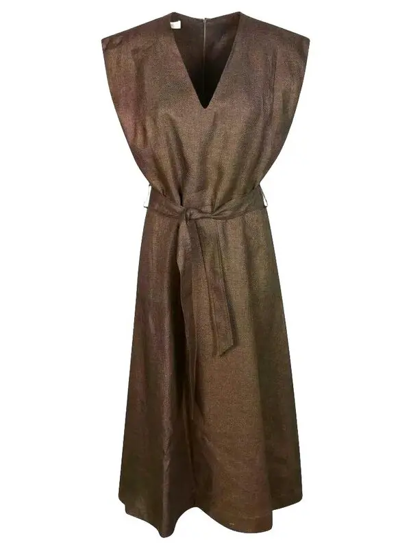 SLOWEAR V-neck Tie Midi Dress - Brown