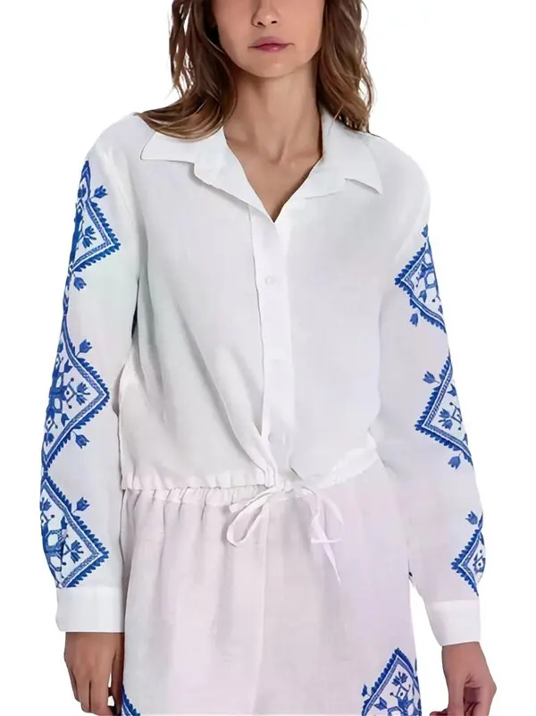 Greek Archaic Kori Embroidered Drawstring Shirt - White