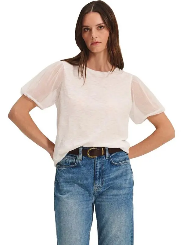 Velvet By Graham & Spencer Cotton Slub Tulle Sleeve Tee - White