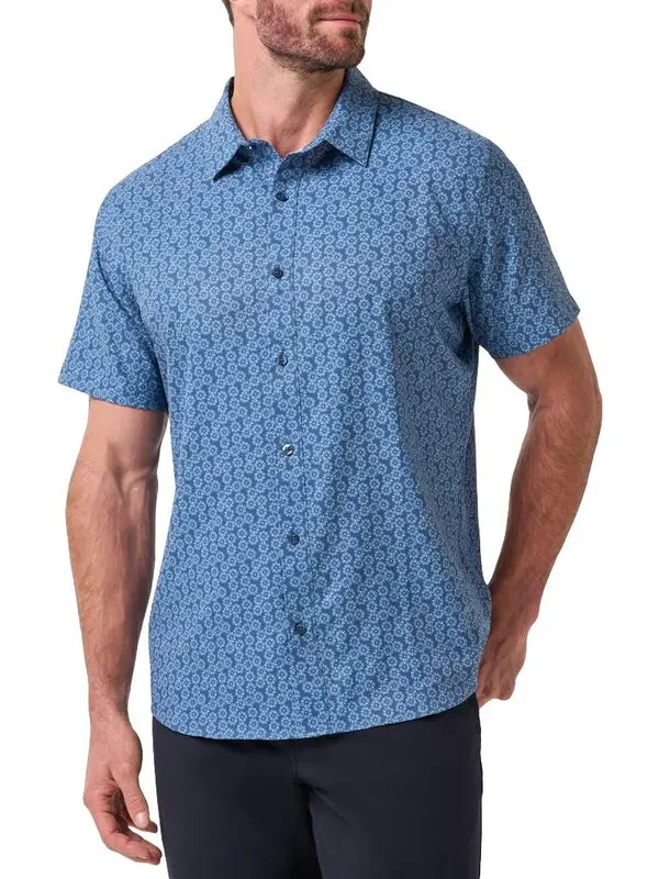 Travis Mathew Techwoven Sunlight Floral Short Sleeve Performance Button-up Shirt - Bering Sea
