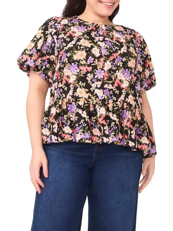 CECE DUPRAZ Floral Puff Sleeve Peplum Top - Rich Black