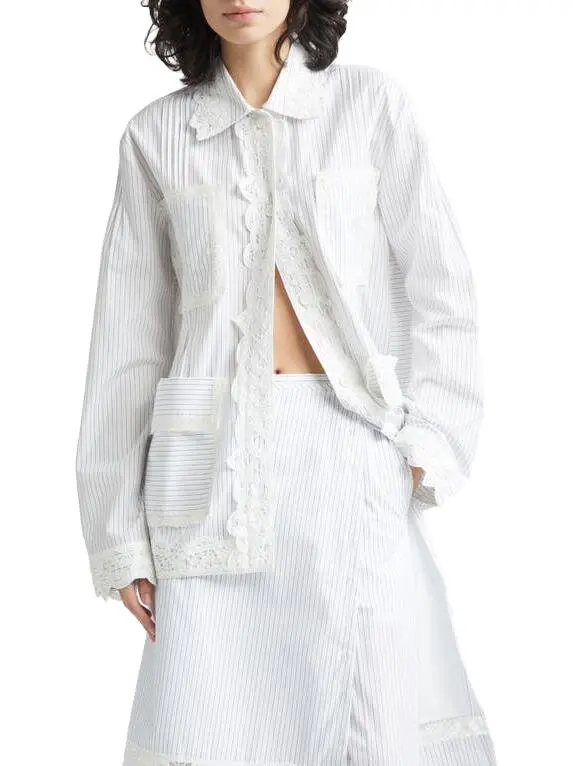 EENK Stripe Lace Trim Button-up Shirt - Ivory/black