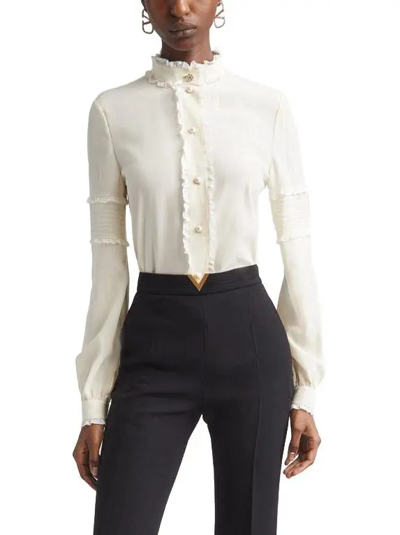 Valentino Garavani Lace Ruffle Silk Crêpe De Chine Button-up Shirt - Vanilla