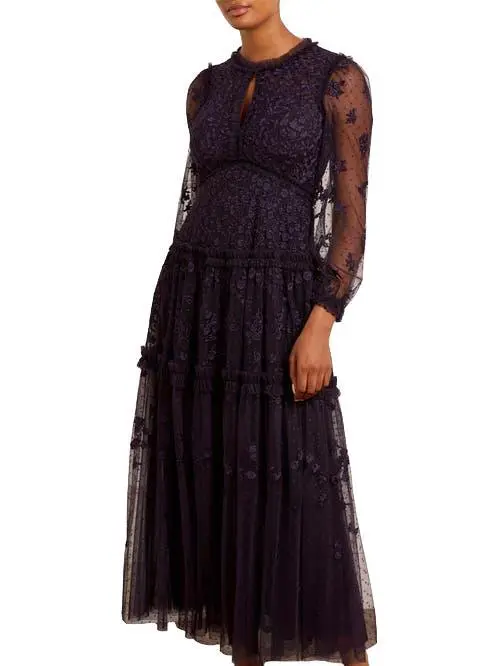 NEEDLE & THREAD Autumn Lace Ankle Gown - Midnight