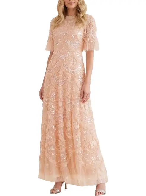 NEEDLE & THREAD Carmen Ruffle Maxi Gown - Apricot Blush