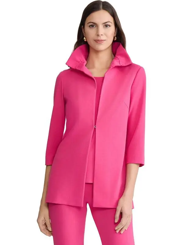 Ming Wang Heritage Ruffle Neck Deco Crepe Jacket - Carmine Rose
