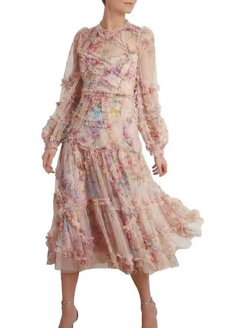 NEEDLE & THREAD Floral Diamond Ruffle Ballerina Dress - Topaz Pink
