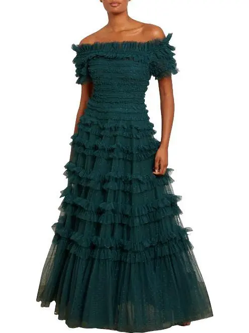 NEEDLE & THREAD Lisette Ruffle Off Shoulder Gown - Emerald