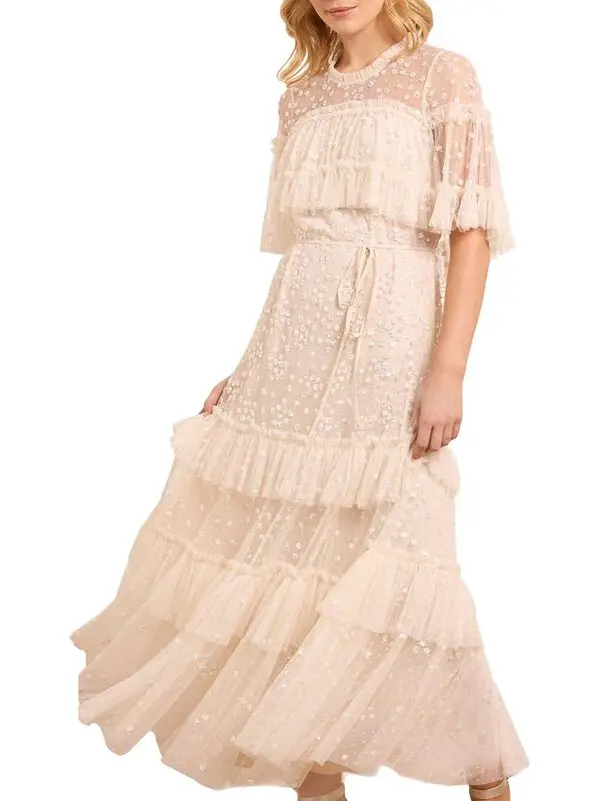 NEEDLE & THREAD Leila Dot Tiered Cape Ankle Gown - Cream