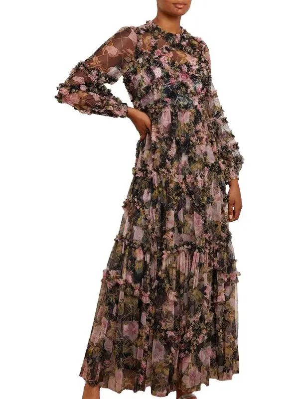 NEEDLE & THREAD English Rose Diamond Ruffle Gown - Graphite
