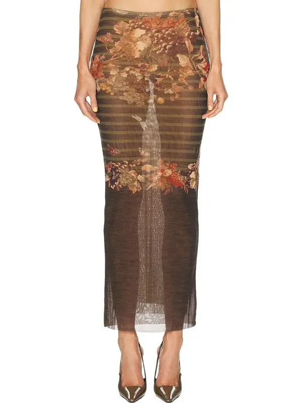 JEAN PAUL GAULTIER Mesh Printed Marinière Grape Long Skirt - Khaki & Multicolor