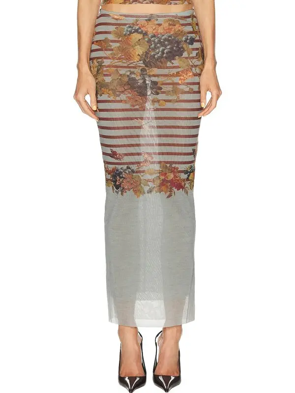 JEAN PAUL GAULTIER Mesh Printed Marinière Grape Long Skirt - Light Blue & Multicolor