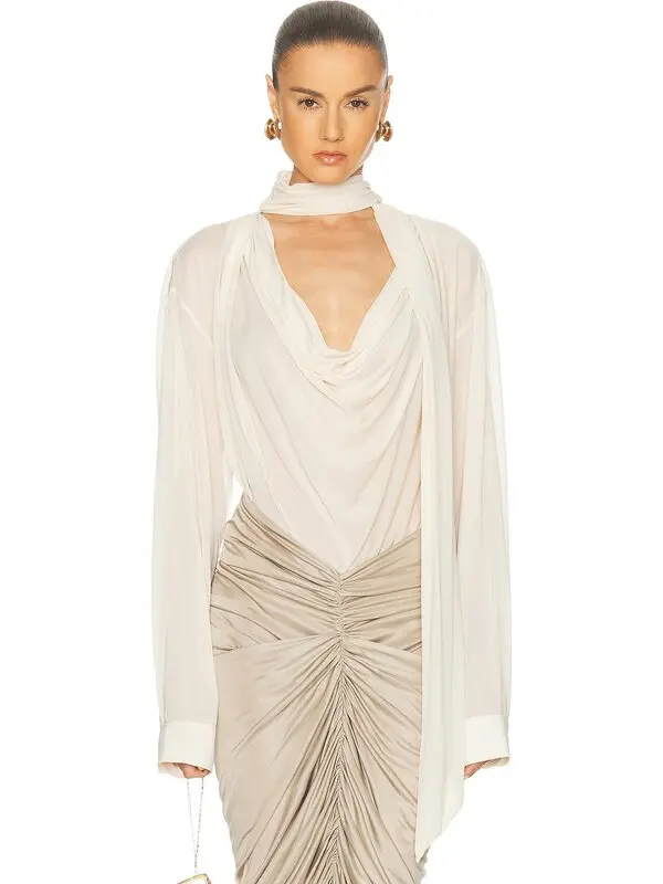 Atlein Long Sleeve Draped Top With Scarf - Ivory