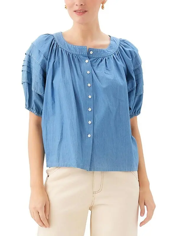 Fifteen Twenty Shay Contrast Stitch Peasant Top - Chambray