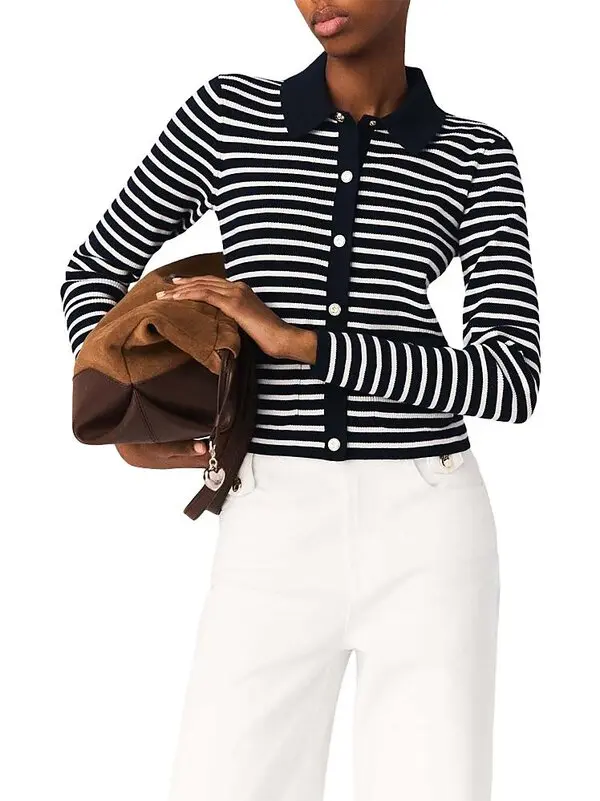 Maje Striped Polo Cardigan - Navy