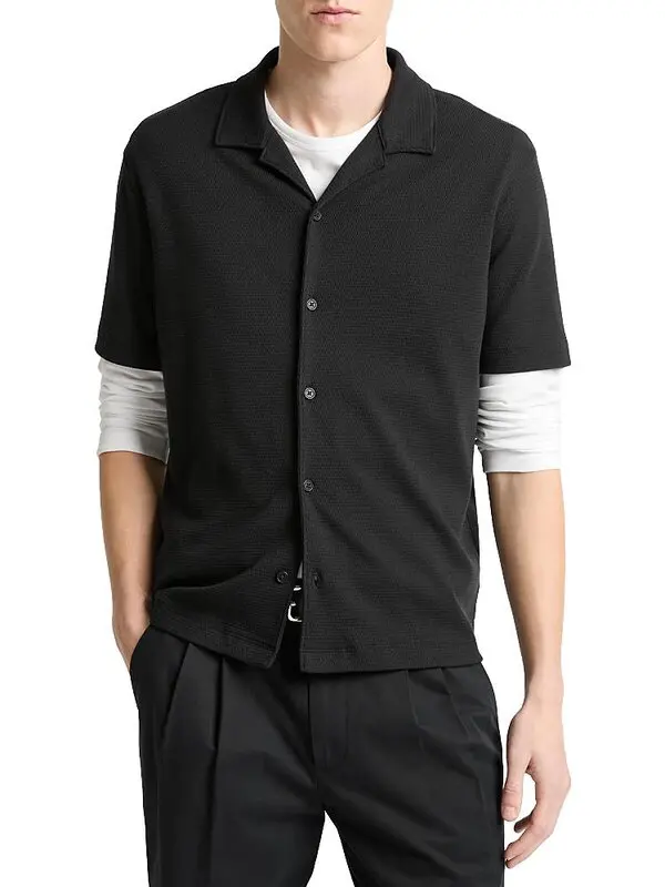Vince Mesh Knit Short Sleeve Cabana Shirt - Black