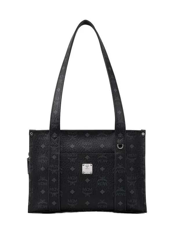 Mcm Visetos Monogram Canvas Tote Bag With Nappa Leather Trim - Black