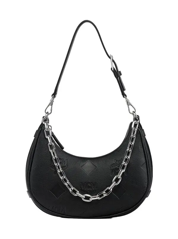 Mcm Aren Crescent Hobo Bag In Maxi Monogram Leather - Black