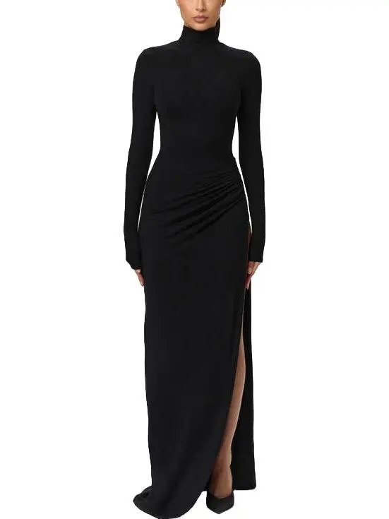 Naked Wardrobe Butter Turtleneck Long Sleeve Maxi Dress - Black