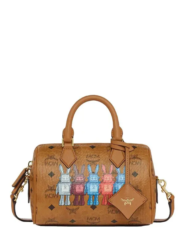 Mcm Small Ella Boston Bag In Visetos - Cognac