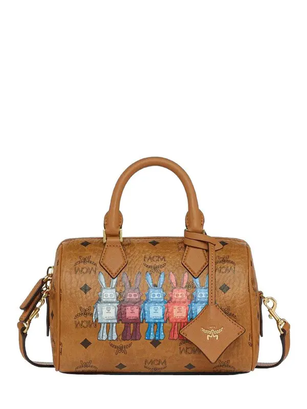 Mcm Small Ella Boston Bag In Visetos - Cognac