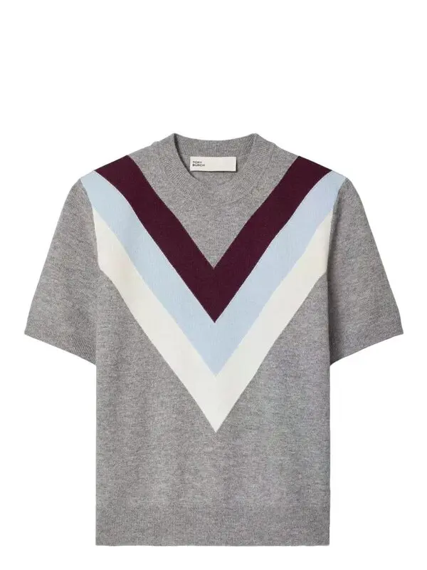 Tory Burch Chevron Wool-cashmere Top - Grey