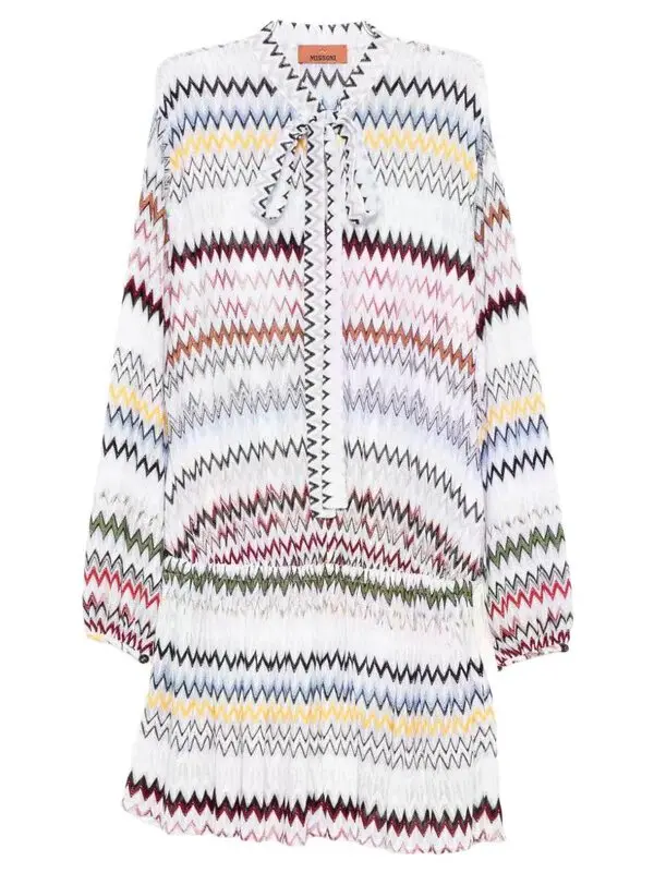 Missoni Zigzag-pattern Tie-neck Mini Dress - White