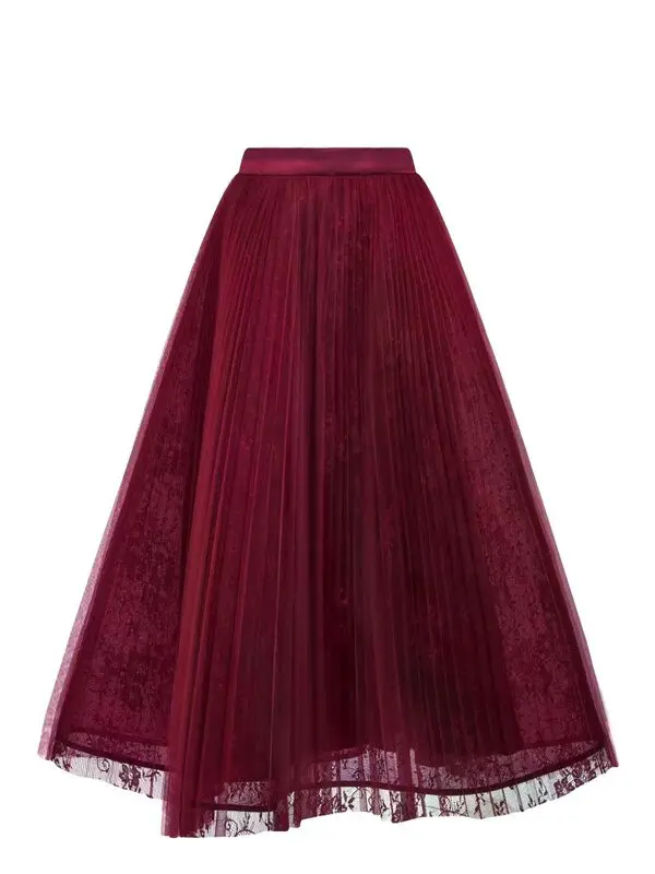 ARAFTU Pleated Lace A-line Skirt - Red