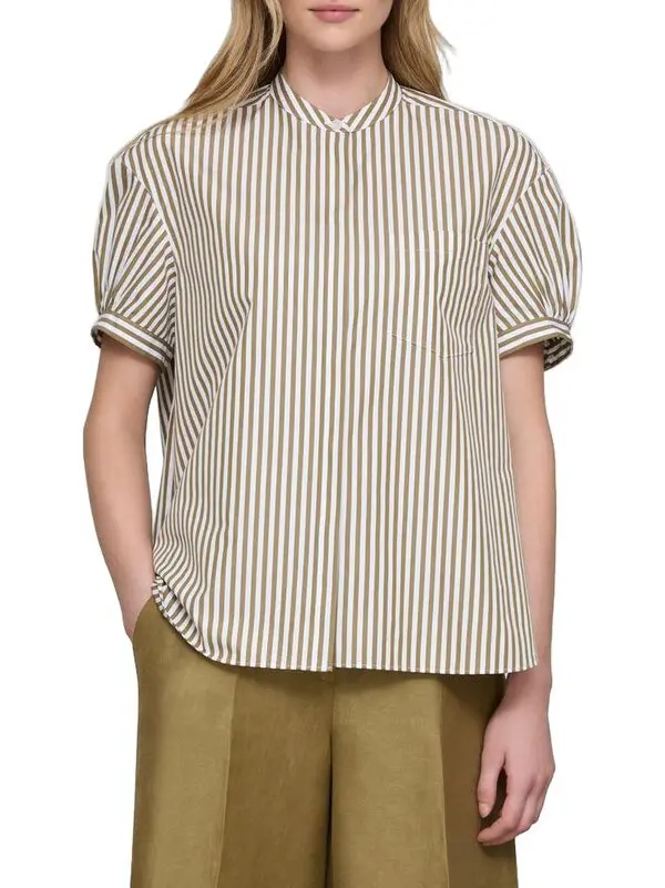 Lafayette 148 New York Stripe Puff Sleeve Poplin Shirt - Khaki Green Multi