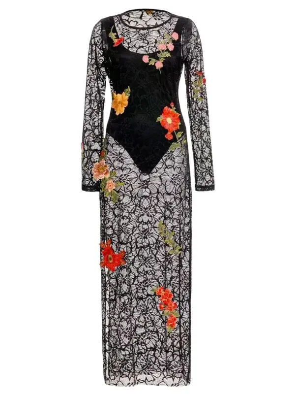 Agua Bendita Belen Lace Floral Embroidered Midi Dress - Black