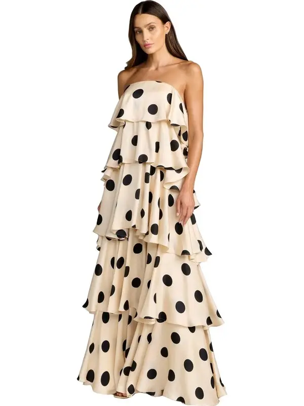 Mac Duggal Strapless Polka Dot Charmeuse Ruffle Gown - Cream Black
