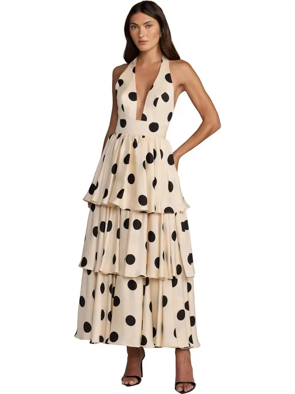 Mac Duggal Polka Dot Ruffle Maxi Dress - Black Ivory
