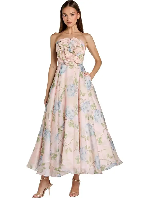 Mac Duggal Strapless Floral Organza Midi Dress - Powder Blue Multi