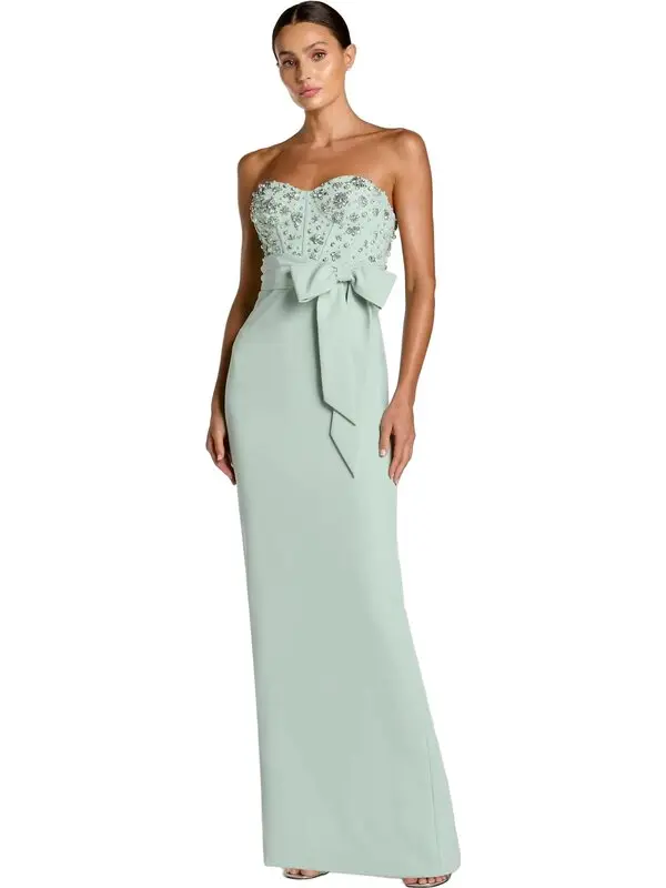 Mac Duggal Strapless Embellished Bustier Gown With Bow - Green