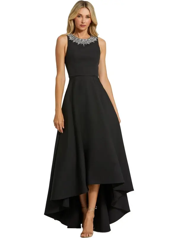 Mac Duggal Crepe Embellished Neck High Low Gown - Black