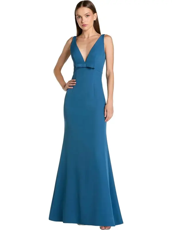 Mac Duggal Crepe Sleeveless V-neck Mermaid Gown With Bow - Blue
