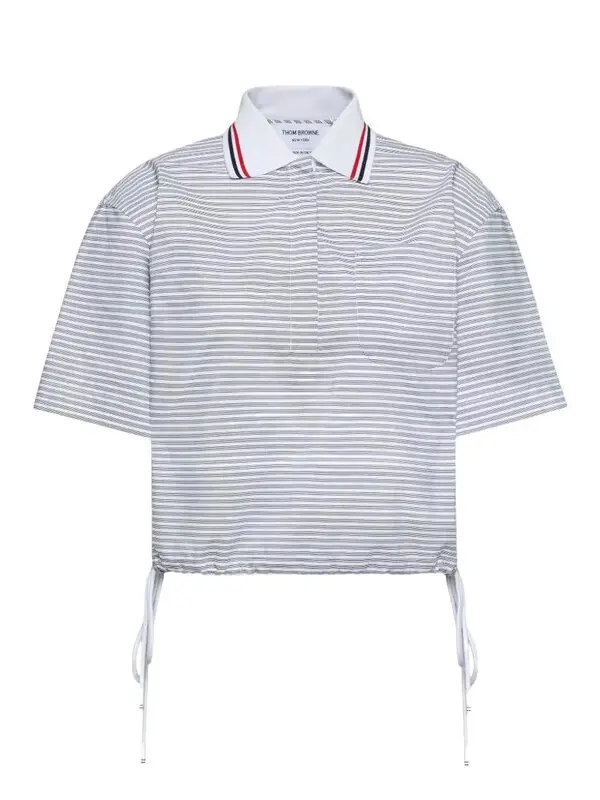 Thom Browne 4-bar Striped Poplin Polo Top - Grey