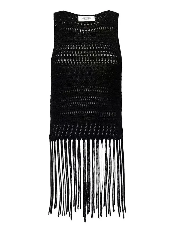 LANEUS Fringed Knitted Top - Black