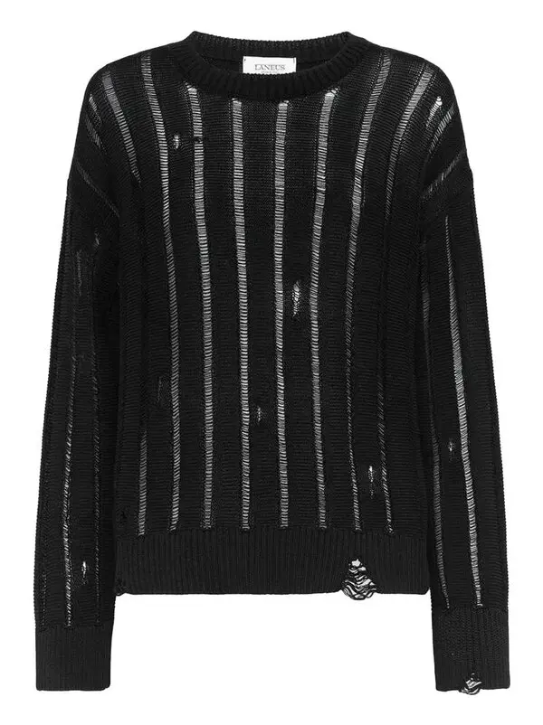 LANEUS Distressed Crew-neck Sweater - Black