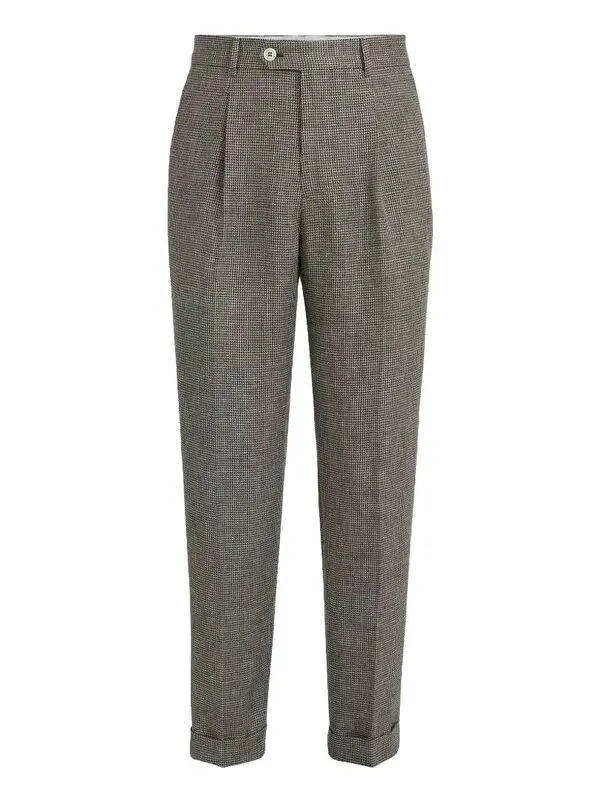 Brunello Cucinelli Linen Houndstooth Pleated Trousers - Brown